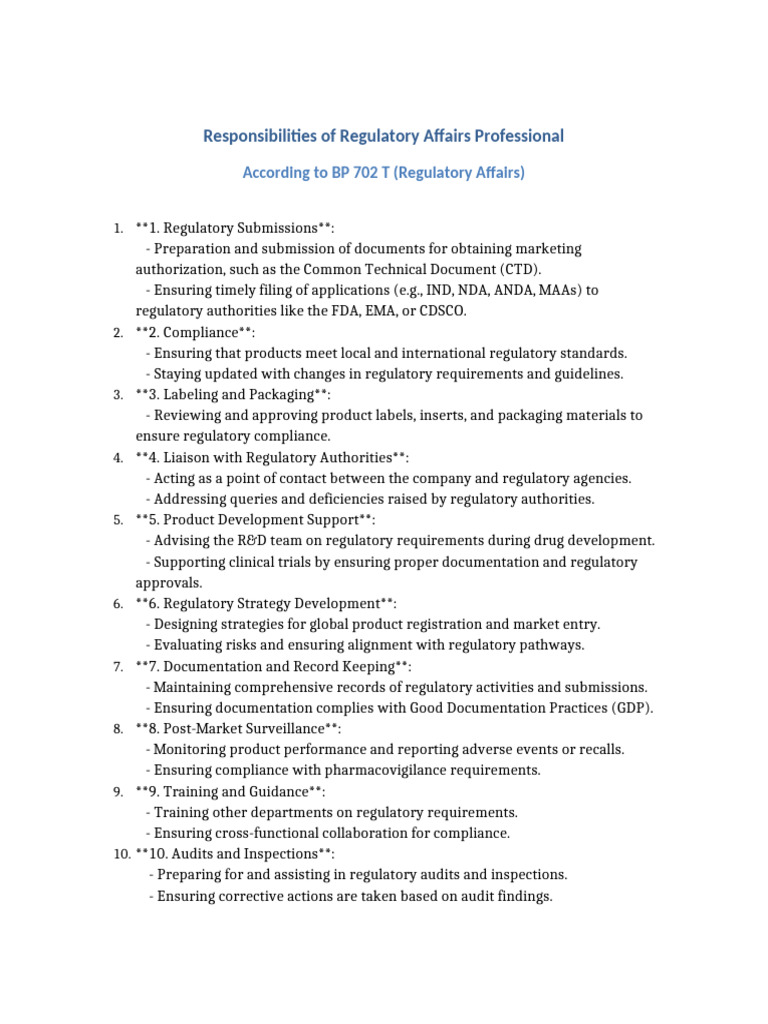 Responsibilities of Regulatory Affairs Professional BP 702 T | PDF