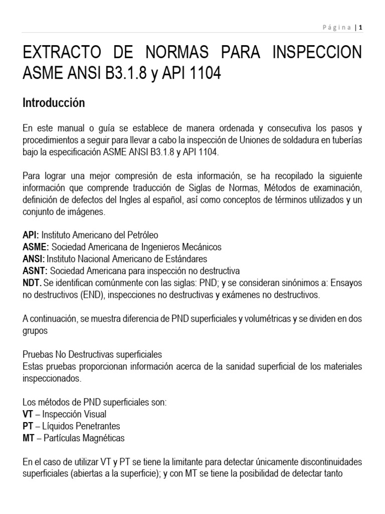 EXTRACTO DE NORMAS ASME ANSI B3.1.8 y API 1104 | PDF | Pruebas no ...