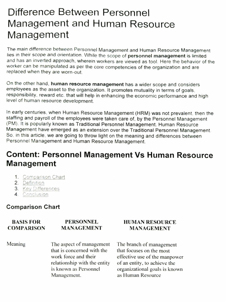 HRM Notes - Difference Between Personal Management and HRM Management ...