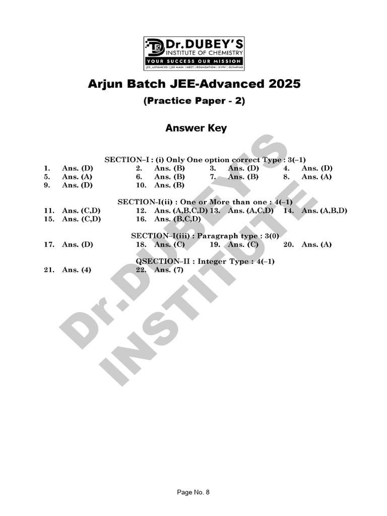 Arjun Batch JEE Adv. Practice Paper - 2 (19.10.2024) - Answer Key | PDF