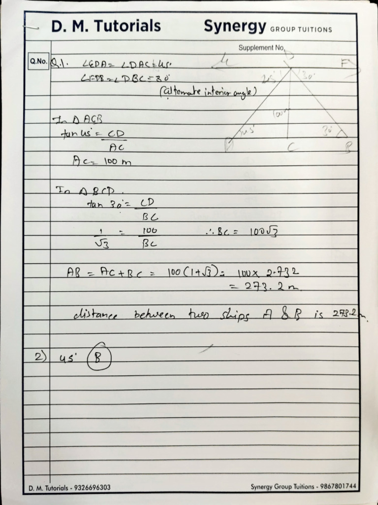 Heights & Distance Board Question | PDF