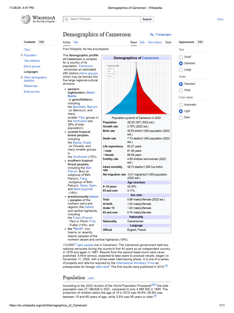 Cameroon Demographics Overview | PDF | Total Fertility Rate | Cameroon