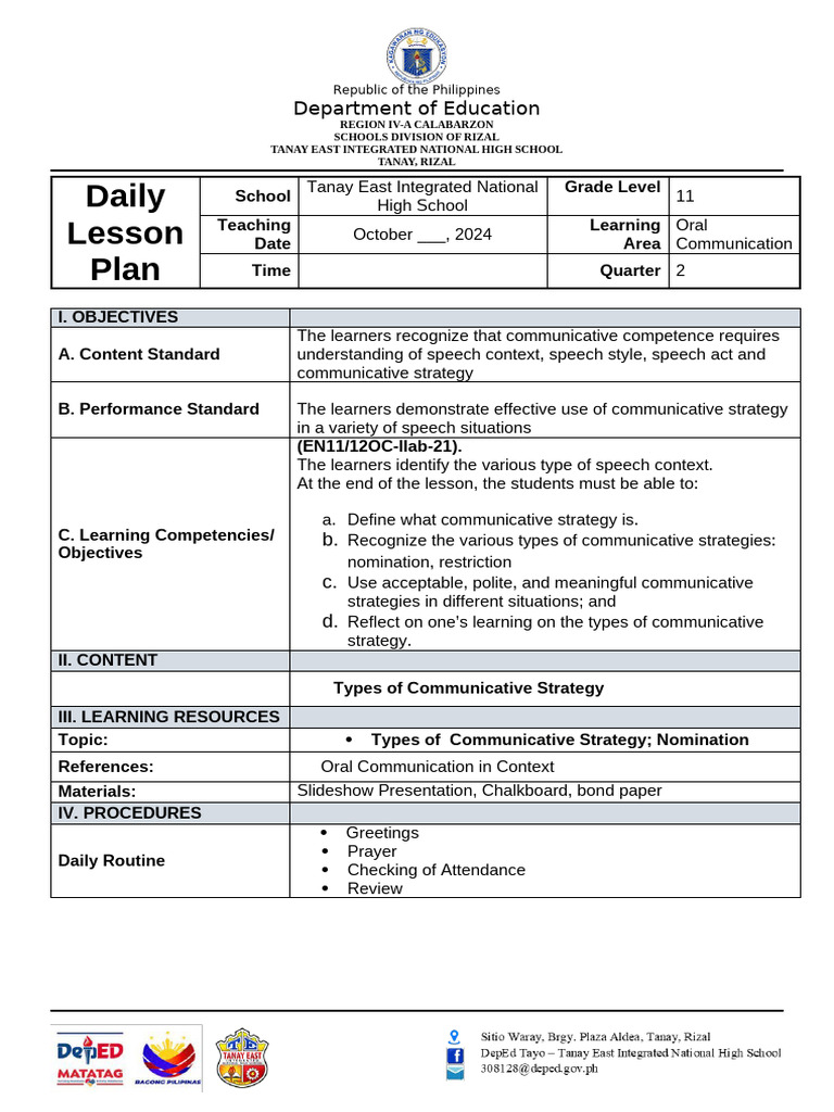 DLL Oral Com (Nomination) - Oct 8 | PDF | Learning | Communication