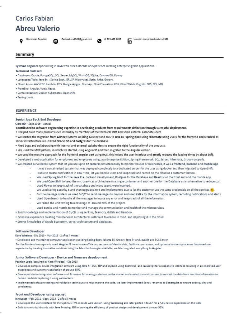 A01 - CV CA Java Dev - Aug - 2023 | PDF | Databases | Cloud Computing