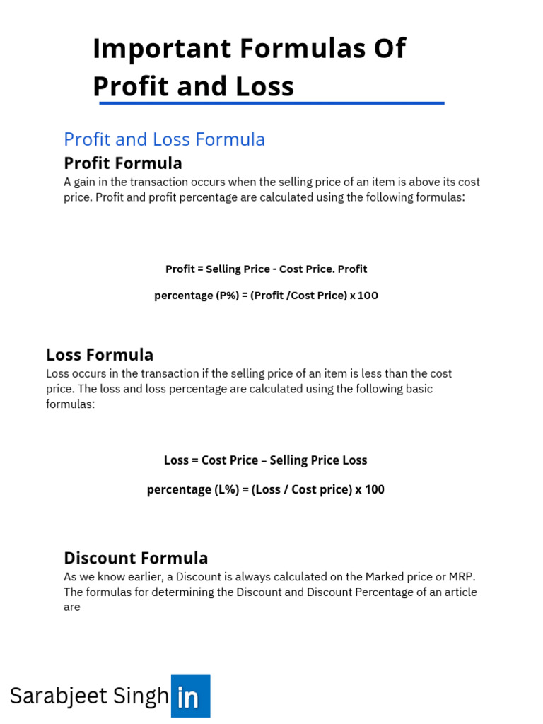 Important Formula of Profit and Loss | PDF
