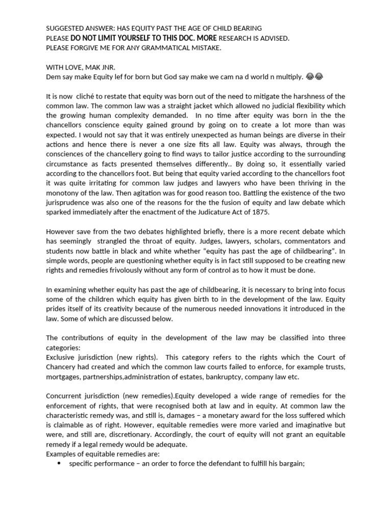 Suggested Answer. Has Equity Past The Age of Childbearing | PDF | Equity (Law) | Legal Remedy