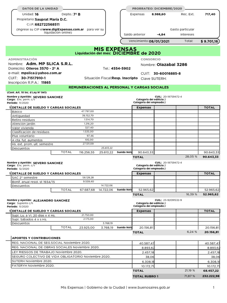 Mis Expensas: Adm. MP Slica S.R.L. Olazabal 3286 | PDF