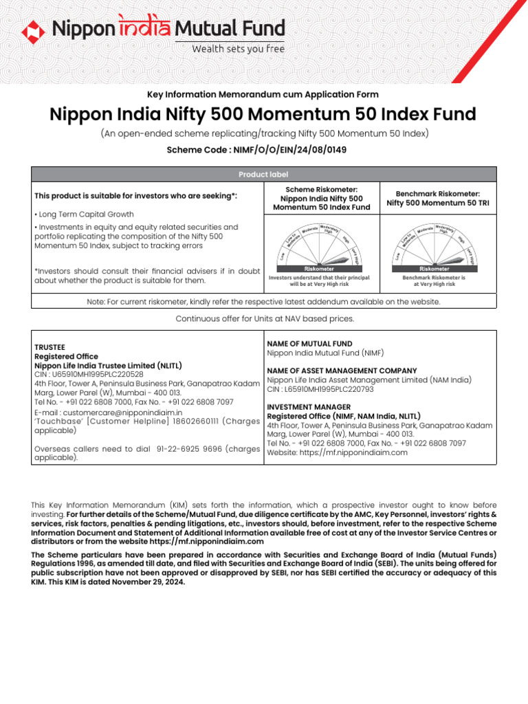 KIM NipponIndia Nifty 500 Momentum 50 Index Fund | PDF | Investing | Mutual Funds