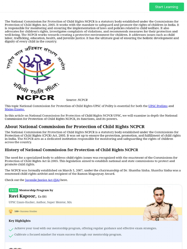 National Commission For Protection of Child Rights NCPCR UPSC Notes | PDF