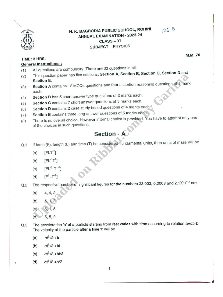 Cbse Class 11 Physics Question Paper Annual Exam 2023 N K Bagrodia ...