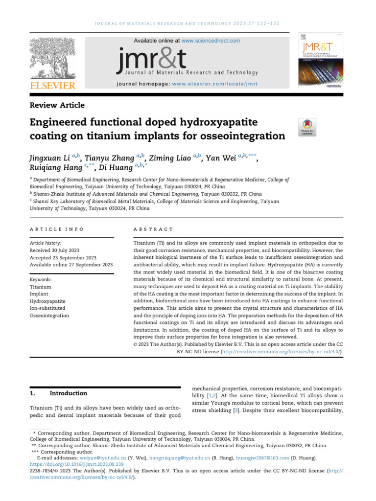 Engineered Functional Doped Hydroxyapatite Coating On Titanium Implants ...