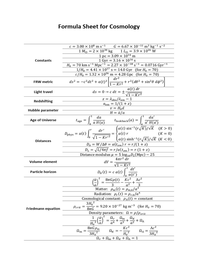 Cosmology FormulaSheet | PDF | Astrophysics | Scientific Theories