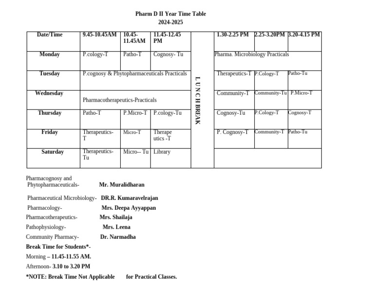 Pharm D Time Table - New | PDF