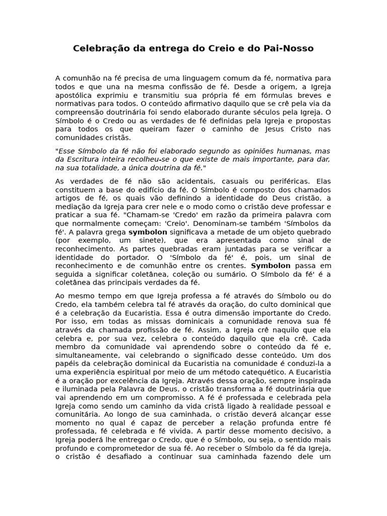 Celebração Da Entrega Do Creio e Do Pai Nosso - Crisma | PDF | Fé ...