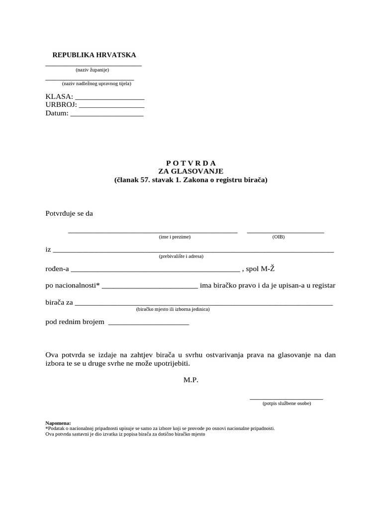 Obrazac 2 - Potvrda Za Glasovanje | PDF