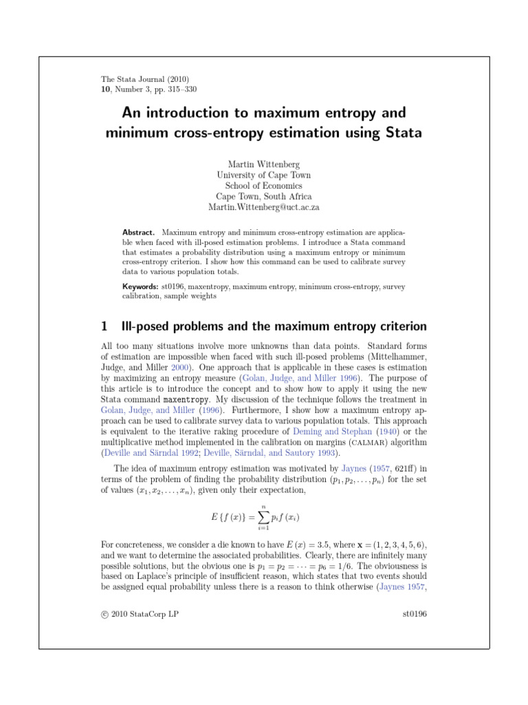 Wittenberg 2010 An Introduction To Maximum Entropy and Minimum Cross Entropy Estimation Using ...