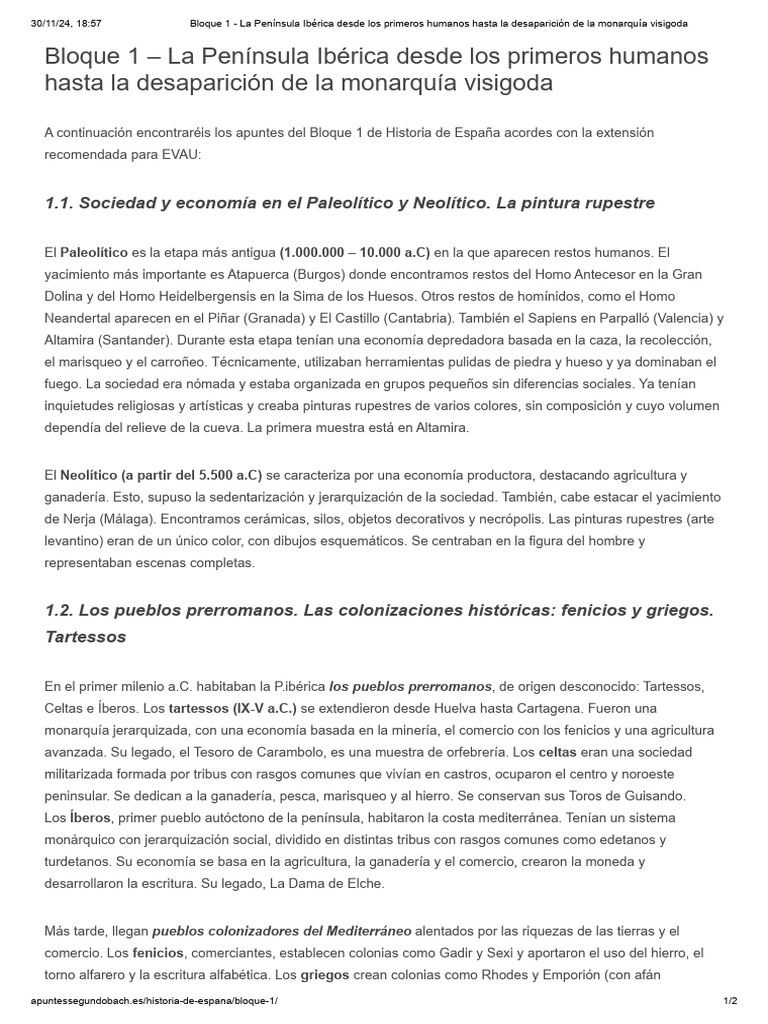 Bloque 1 - La Península Ibérica Desde Los Primeros Humanos Hasta La Desaparición de La Monarquía ...