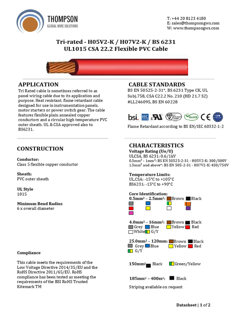Thompson GWS Tri Rated H05V2 K H07V2 K BS6231 UL1015 CSA 22 2 PVC Cable ...