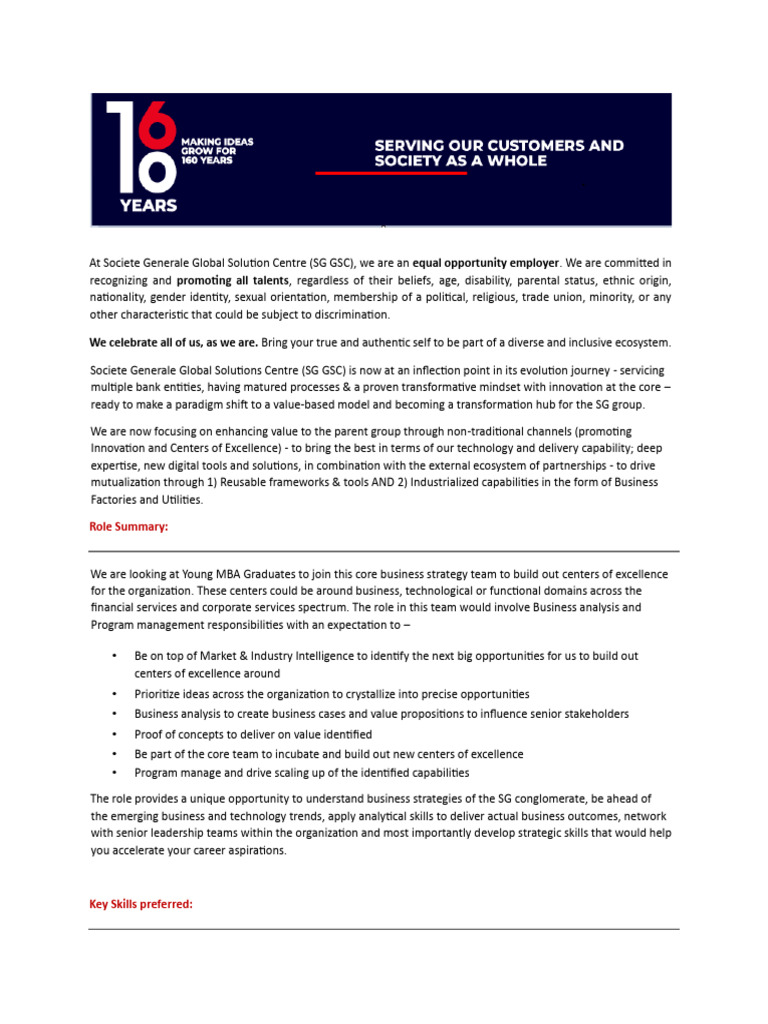 MBA Generic T3 YG - Job Description - Centres of Excellence | PDF ...