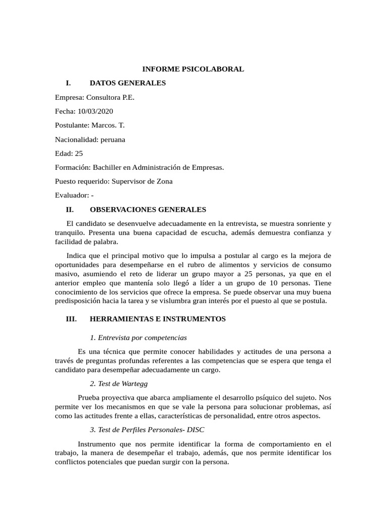 Modelo de Informe Psicolaboral | PDF | Inteligencia | Liderazgo