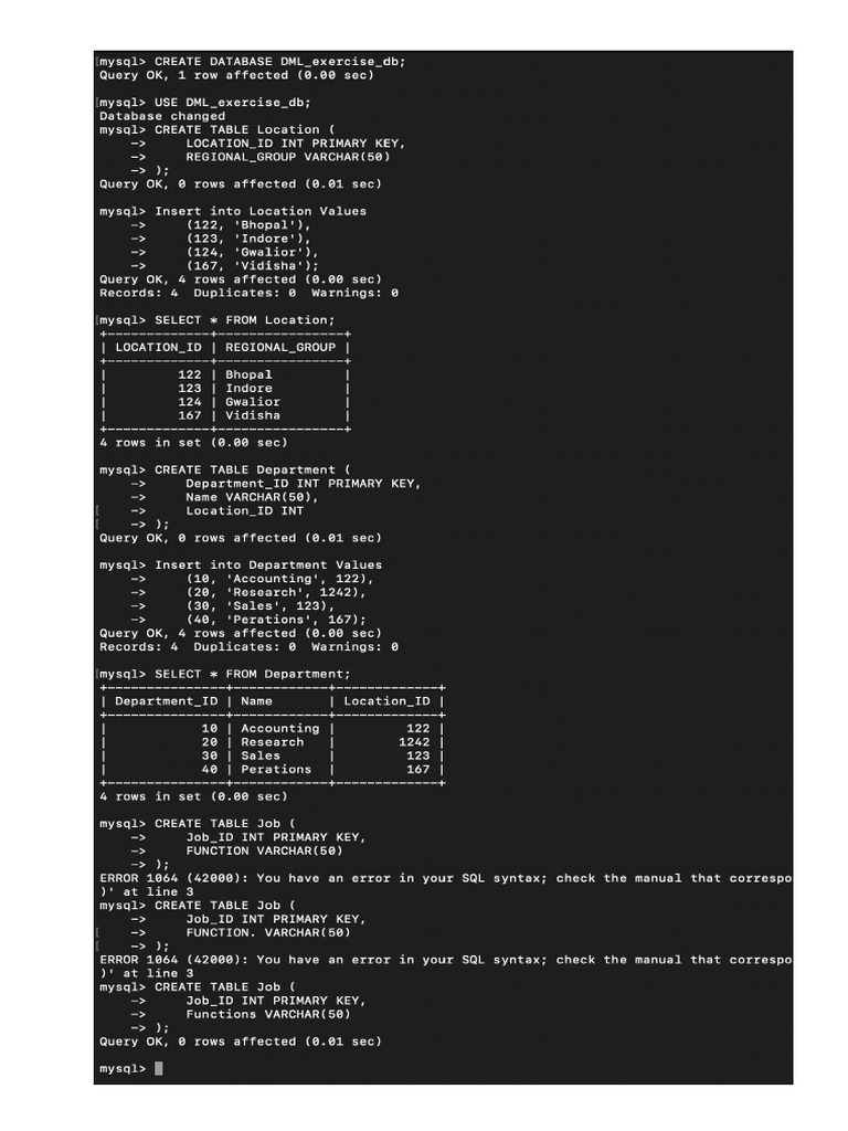 DBMS Experiment 5 DML Exercise Snapshots | PDF