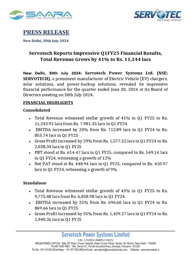 Press Release of Servotech Q1FY25 Financial Result | PDF | Economies