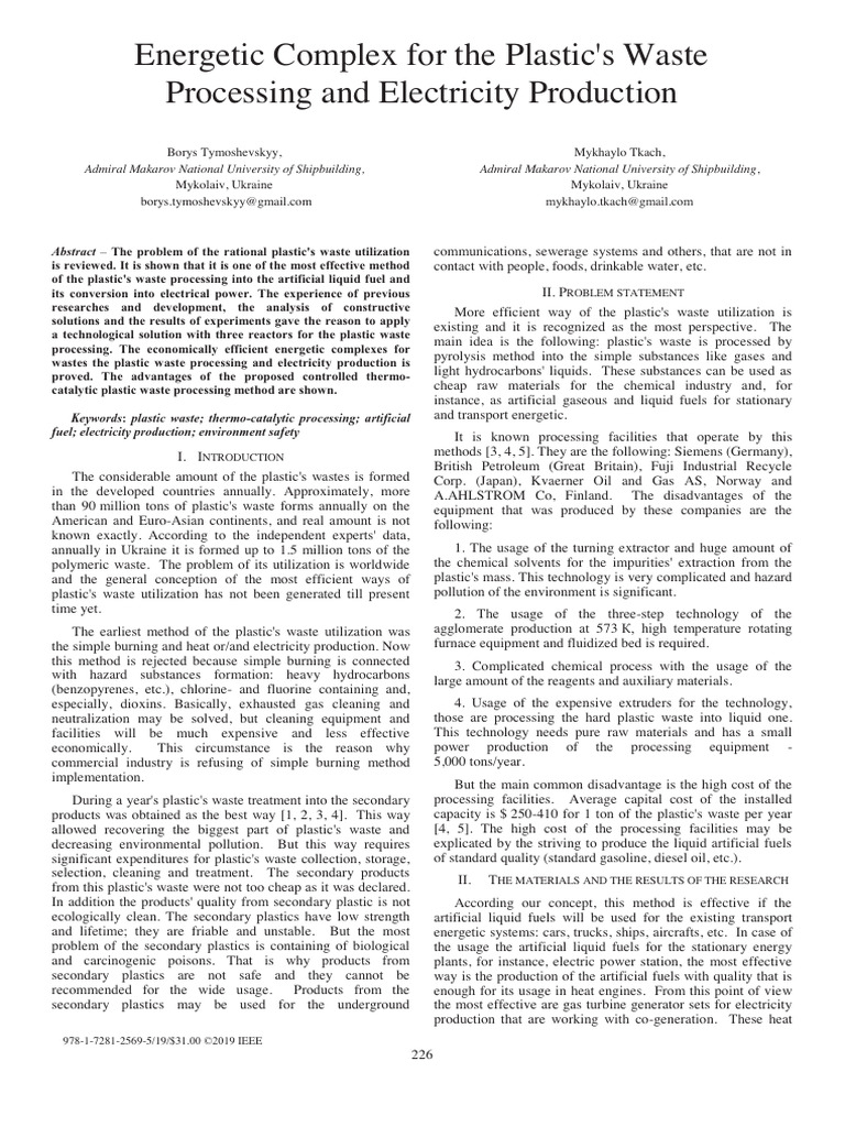 Energetic Complex For The Plastics Waste Processing and Electricity ...