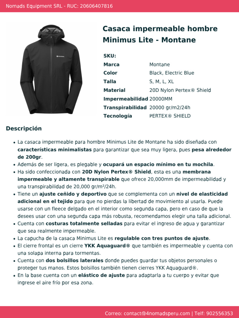 Casaca Impermeable Hombre Minimus Lite - Montane | PDF