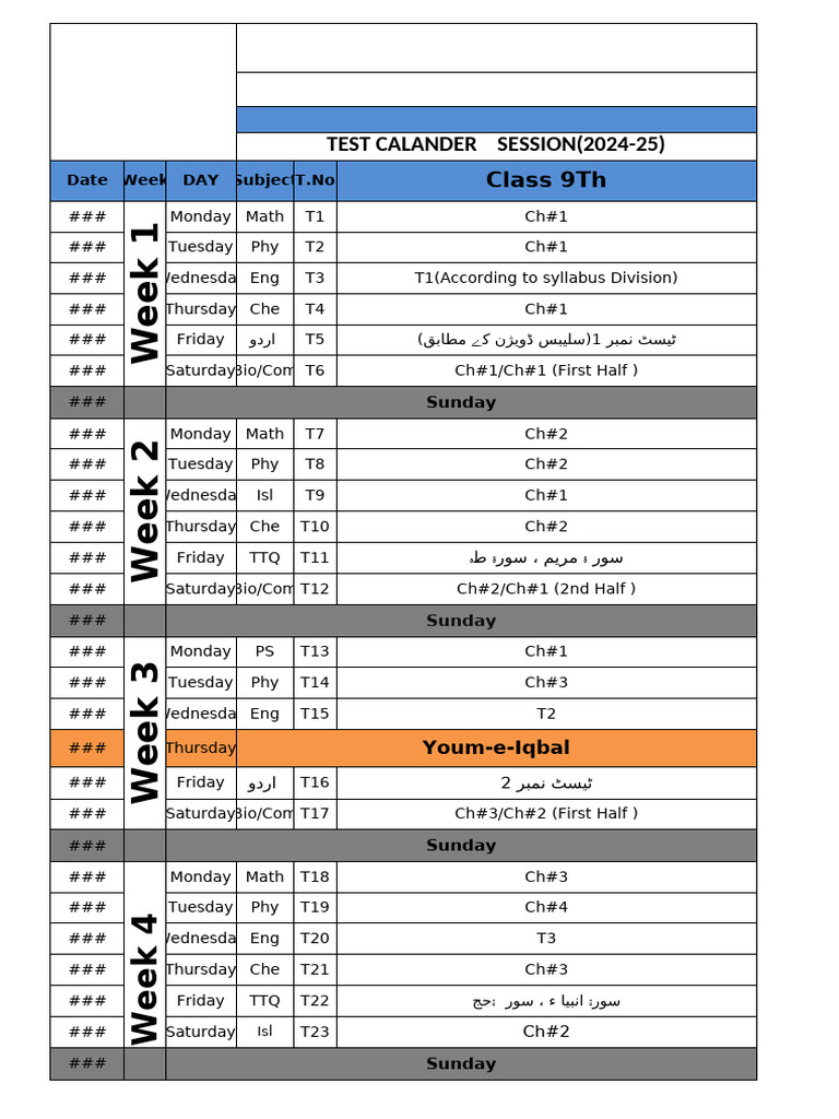 Test Calander 2024-25 ALL CLASSES | PDF