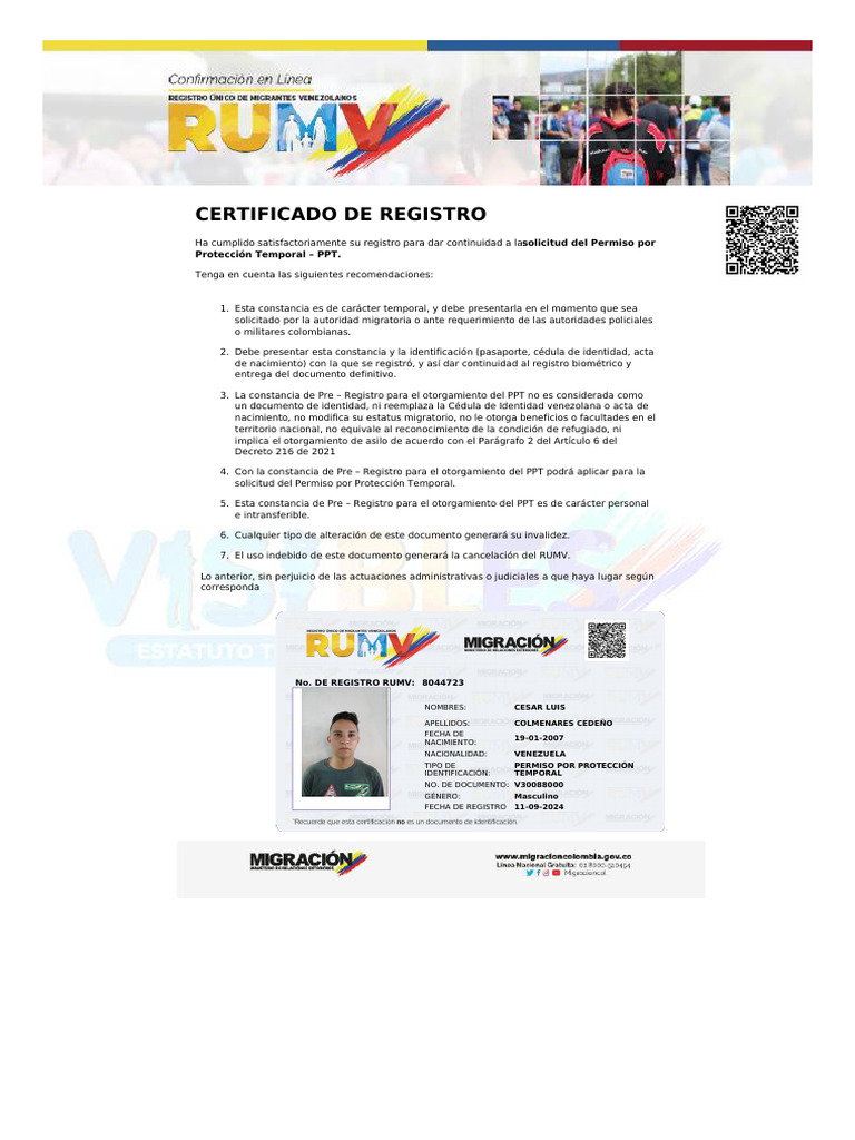 Certificado de Registro: Protección Temporal | PDF | Documento de ...