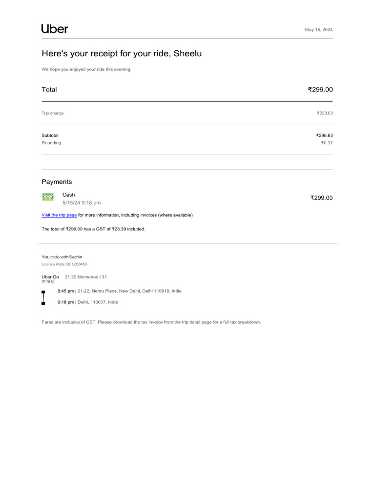 Uber Ride Receipt for Sheelu | PDF
