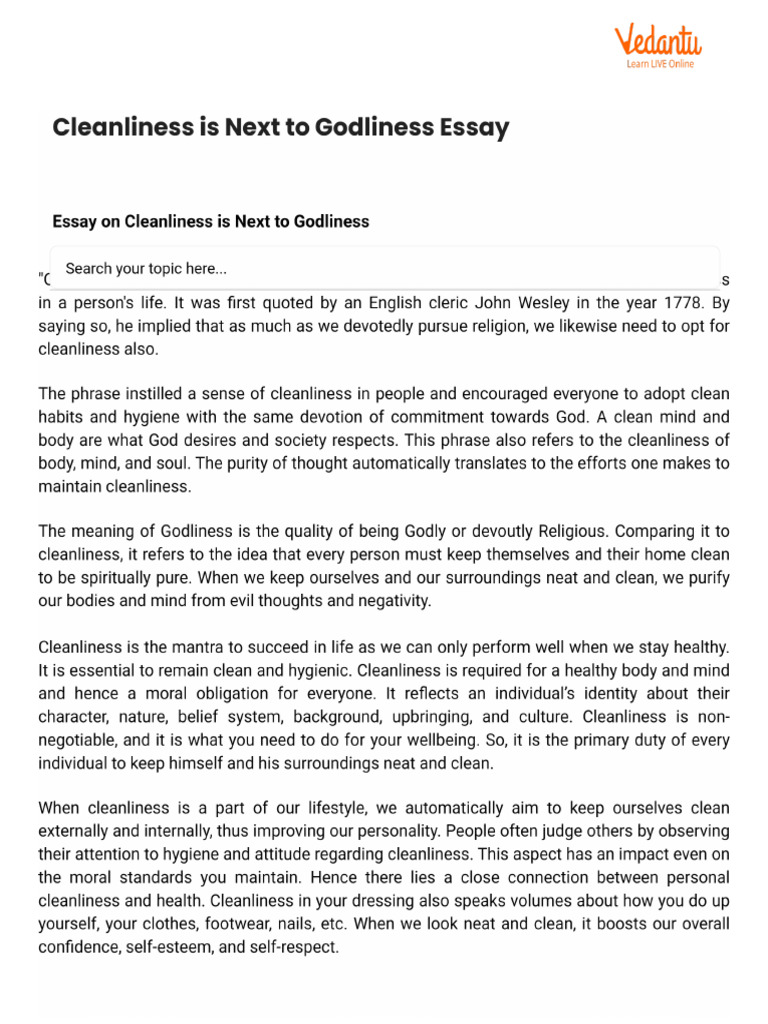 Cleanliness Is Next To Godliness Essay | PDF