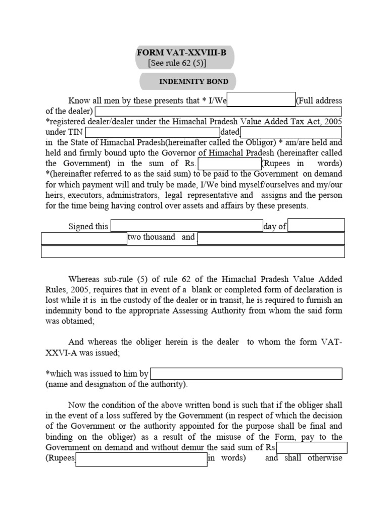 Himachal VAT Indemnity Bond | PDF | Indemnity | Private Law