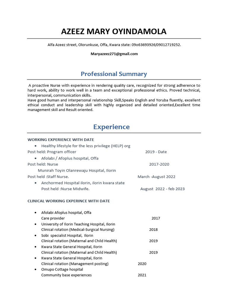 Azeez Mary Oyindamola CV | PDF | Nursing | Health Care