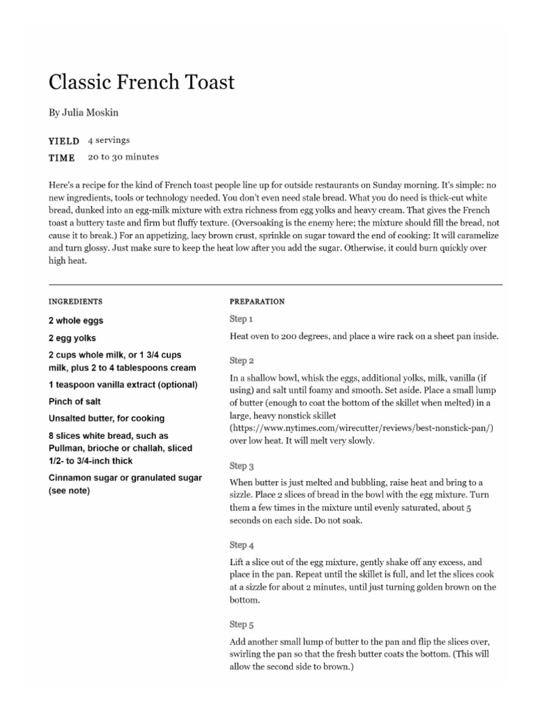 Classic French Toast Recipe Recipe | PDF