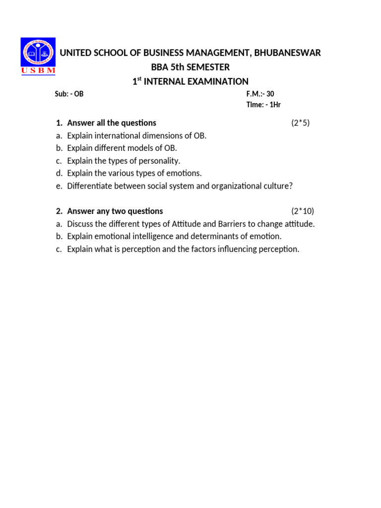BBA 5th Sem 1st Internal Question | PDF