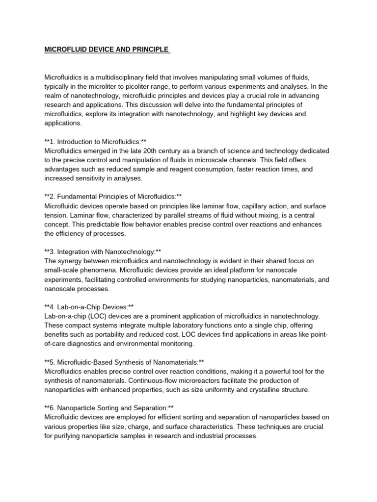 Microfluid Devices and Principle | PDF | Microfluidics | Nanotechnology