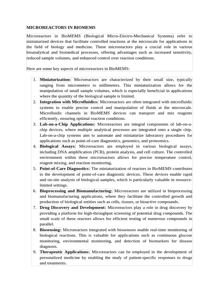 MICROREACTORS IN BIOMEMS and Other Unit 4 Topics | PDF | Biosensor | Microfluidics