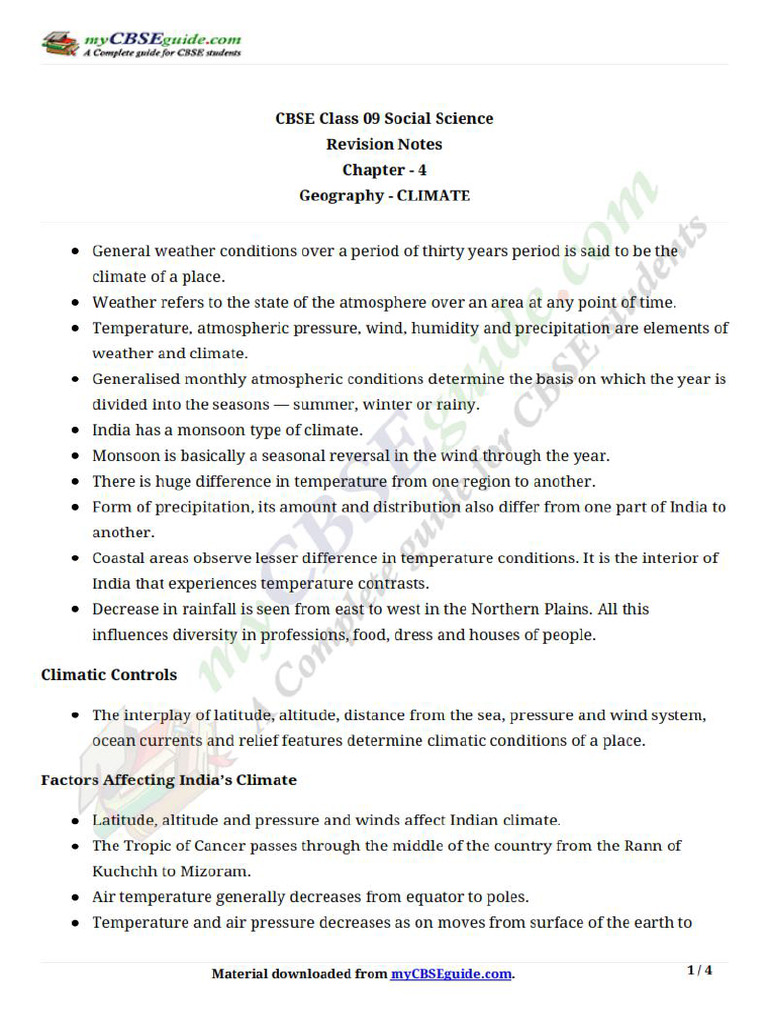 09 Social Science Key Notes Geo Ch4 Climate | PDF