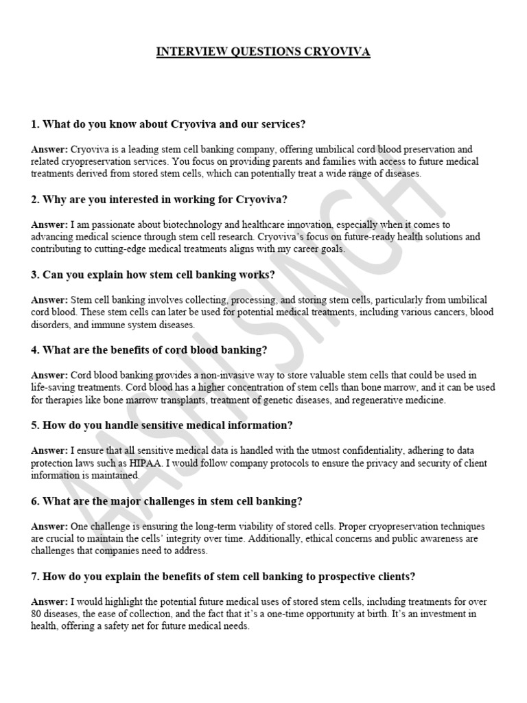 CRYOVIVA Nterview Question | PDF | Medical Specialties