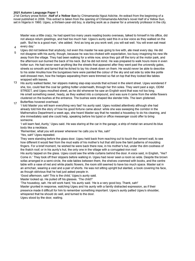 AQA Paper 1 Half of A Yellow Sun Autumn 2021 | PDF