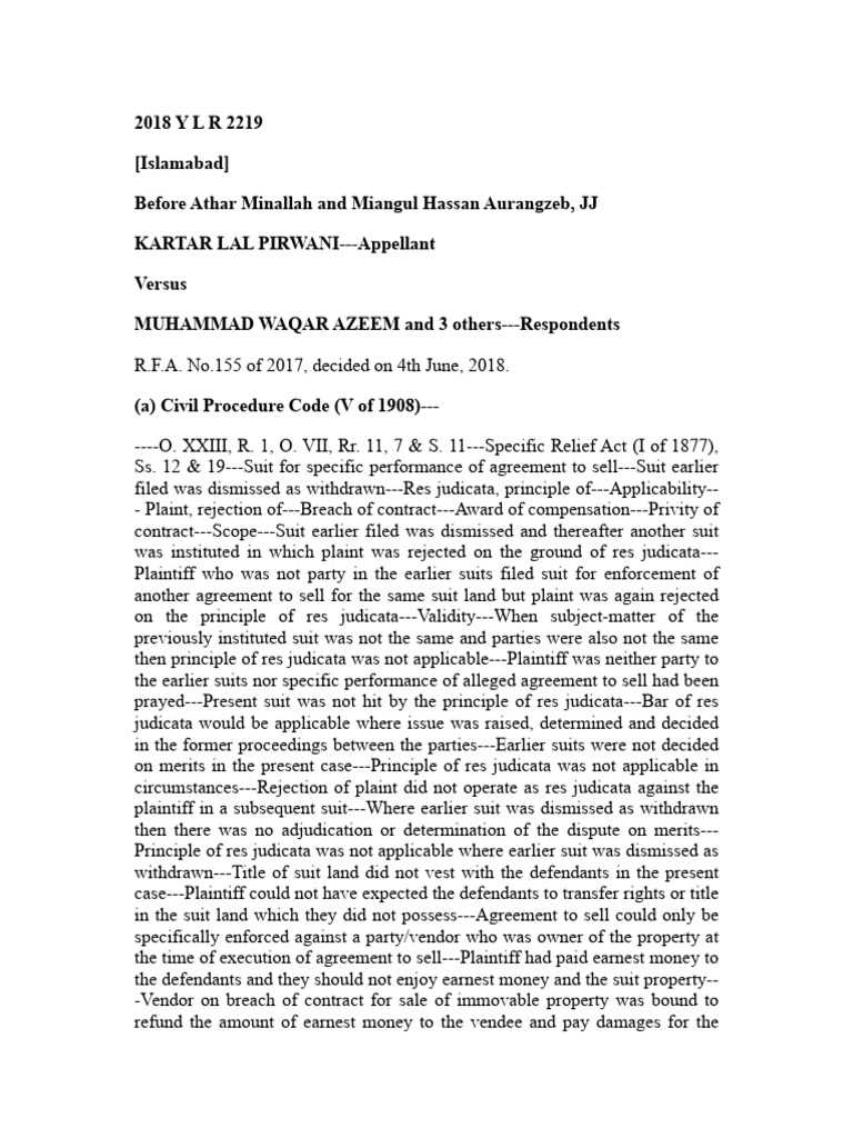 2018 y L R 2219 | PDF | Lawsuit | Res Judicata