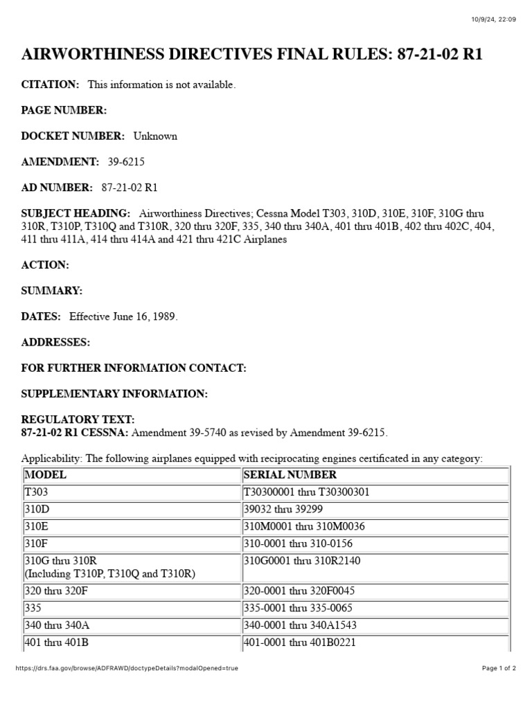 Airworthiness Directives Final Rules: 87-21-02 R1 | PDF | Federal ...