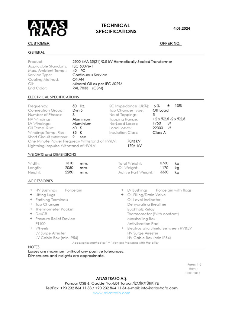 ATLAS TRAFO 2500kVA 35 (21) - 0,8kV A0Bk TECH SPEC | PDF | Transformer | Electrical Engineering