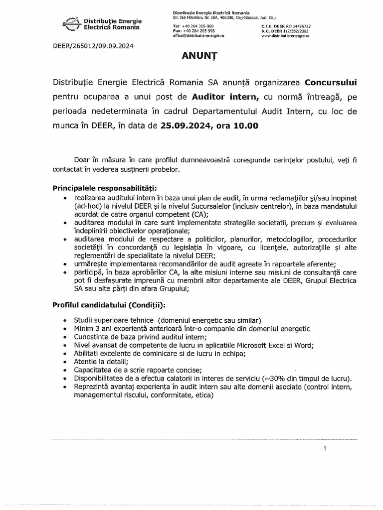 Anunt Auditor Intern | PDF