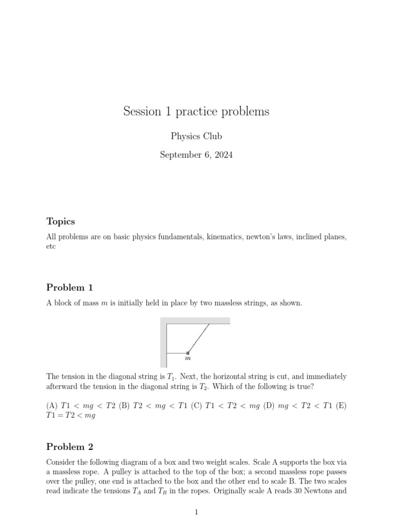 Physics Practice Problems for Beginners | PDF | Tension (Physics ...