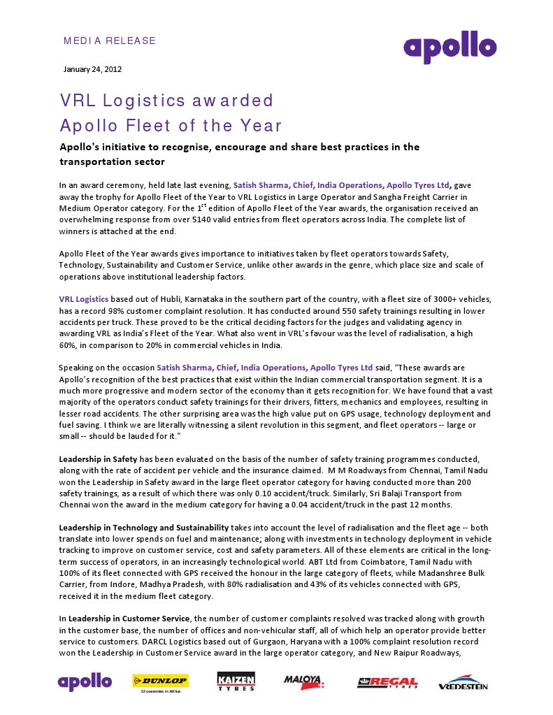 VRL Logistics Wins Apollo Fleet Award | PDF