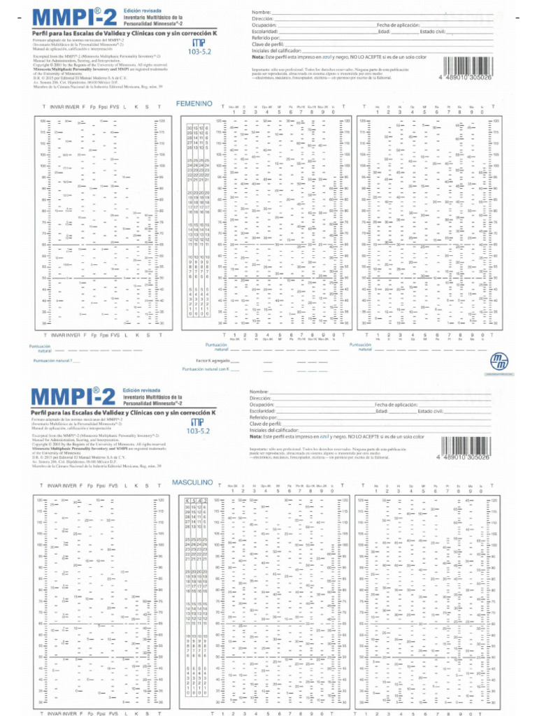 MMPI 2. Perfil para Las Escalas de Validez y CL Nicas Con y Sin Correcci N K PDF | PDF