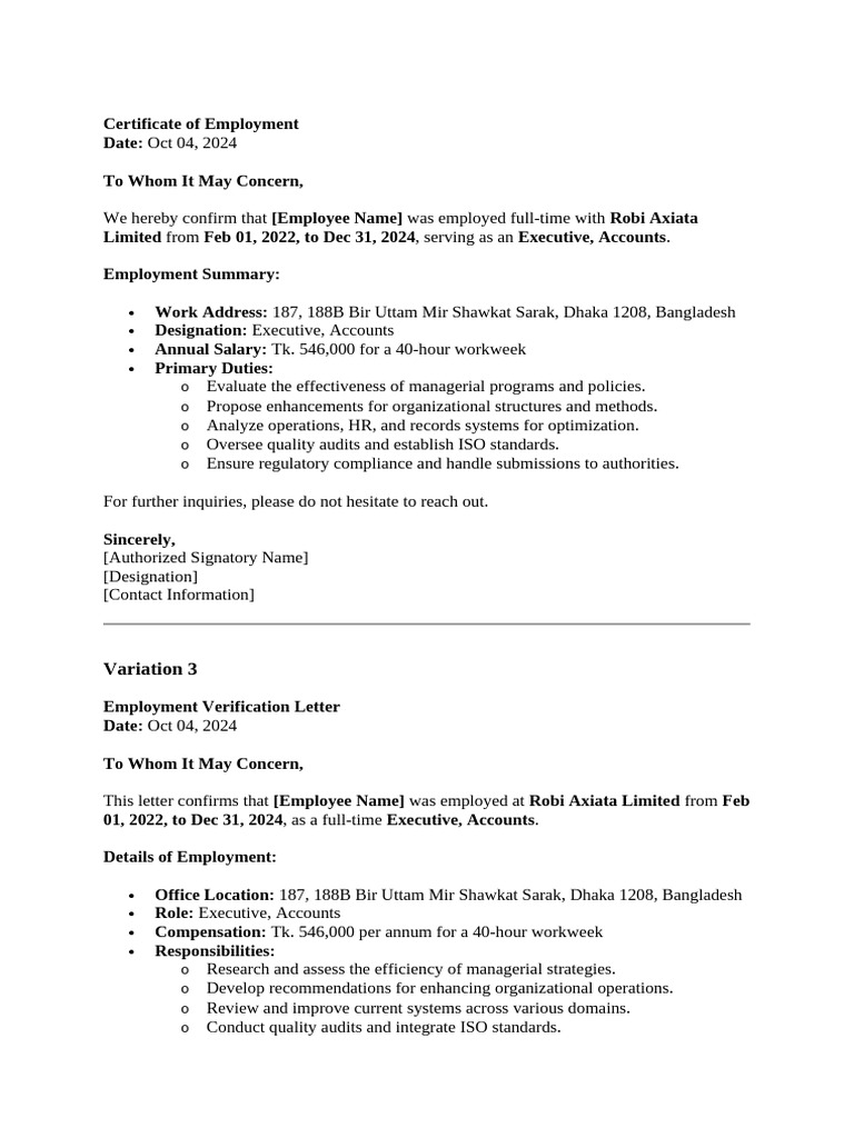 Employment Summary: - Work Address: 187, 188B Bir Uttam Mir Shawkat Sarak, Dhaka 1208 ...