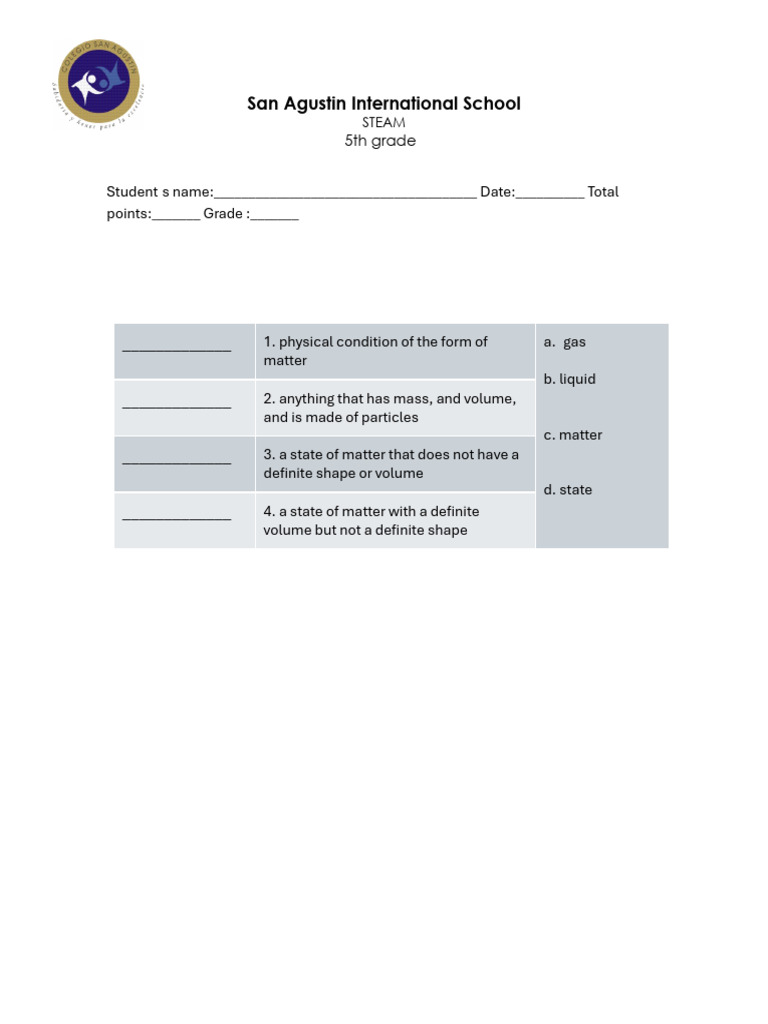 5th Grade Matter Test Worksheet | PDF | Matter | Liquids